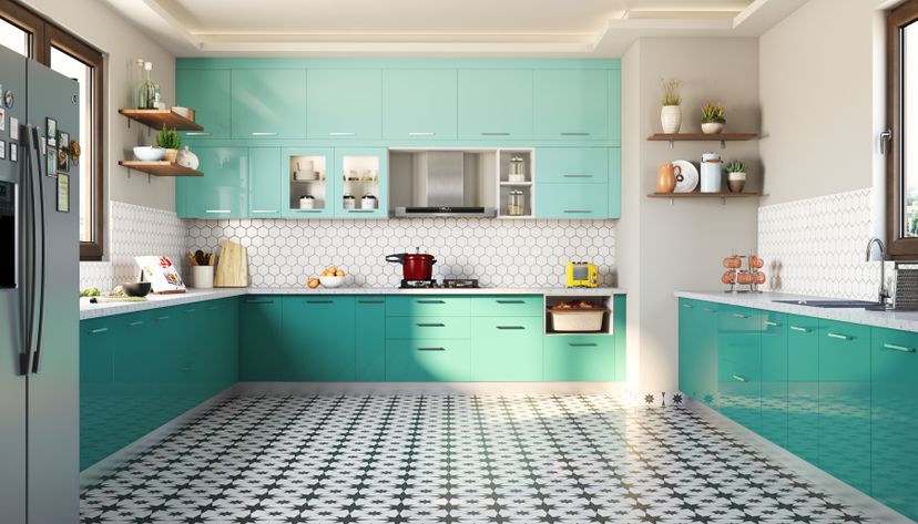 Modern Large Family Indian Kitchen Design: Aqua Green and Quartz ...