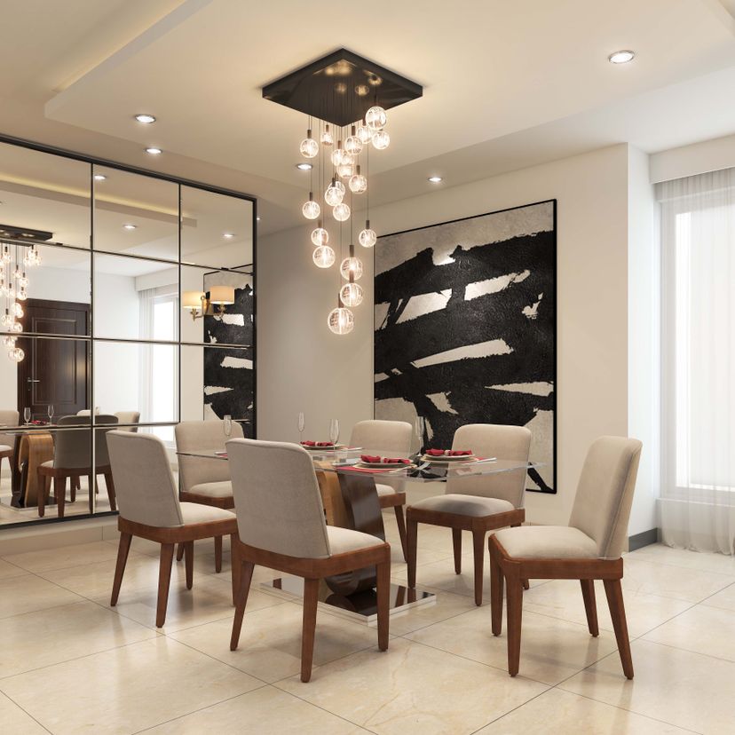 Spacious 6-Seater Dining Room Design With Bevelled Mirror Panel And ...