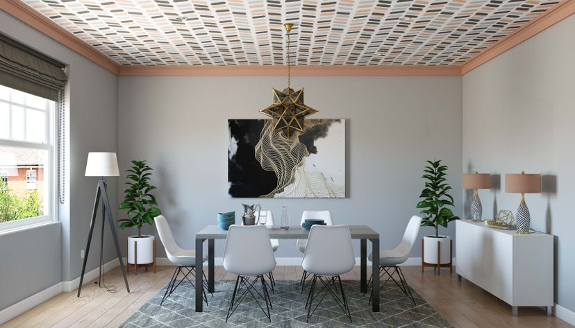 Wooden Peripheral Dining Room False Ceiling Design With Wallpaper ...