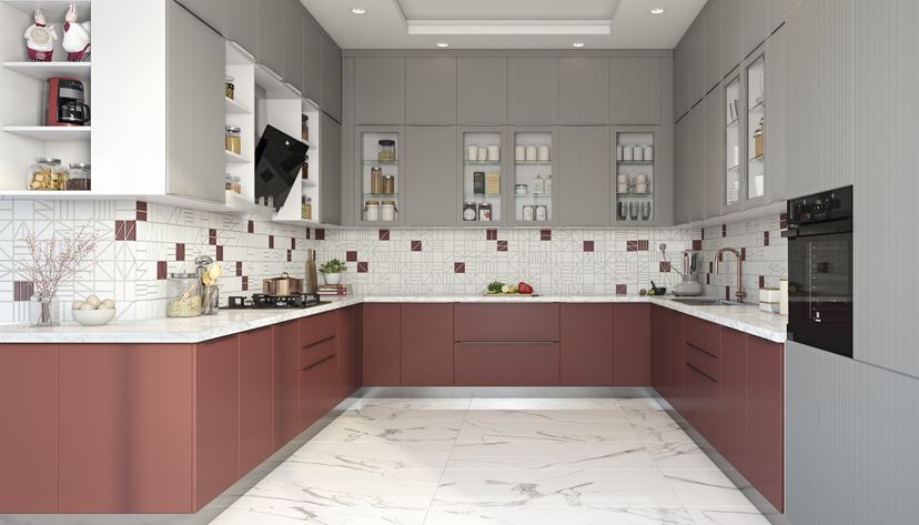 Maroon And White Matte-Finish Ceramic Kitchen Tiles | Livspace