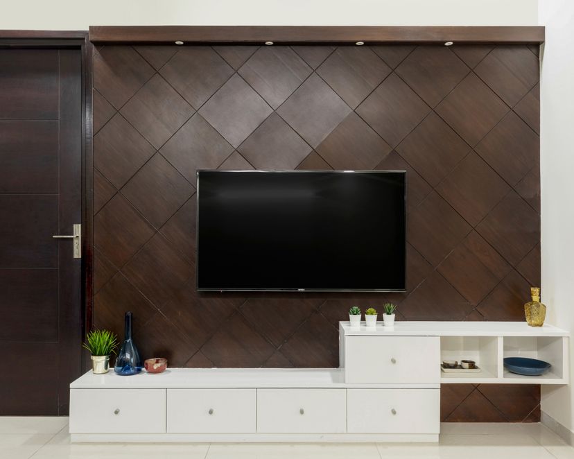 Floor-Mounted Modern Wooden TV Unit Design With White Stepped Storage ...
