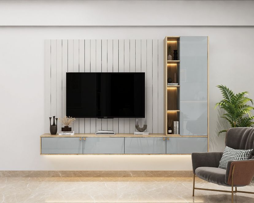 Modern TV Unit Design with in Metallic Blue with Wall Mounted Drawer | Livspace