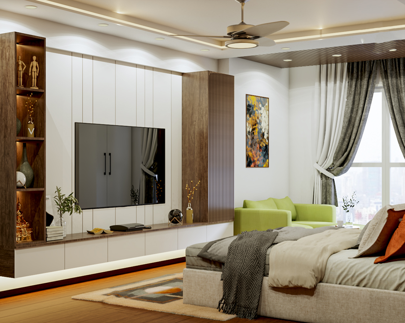 Spacious Master Bedroom Design With Integrated TV Unit | Livspace