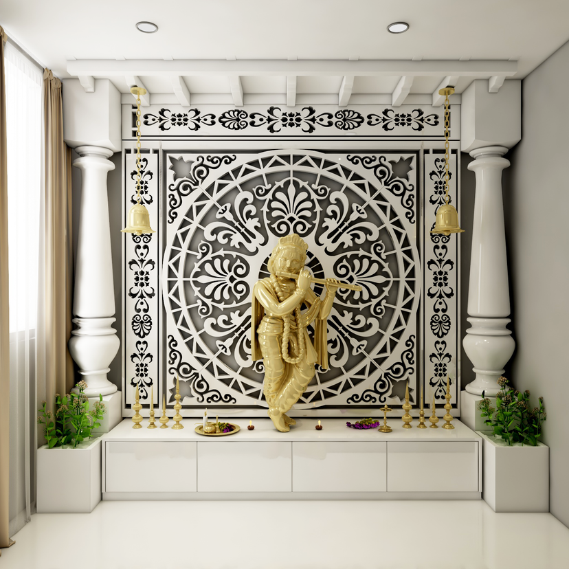 Traditional Spacious Pooja Room Design with Highlighter Wall | Livspace