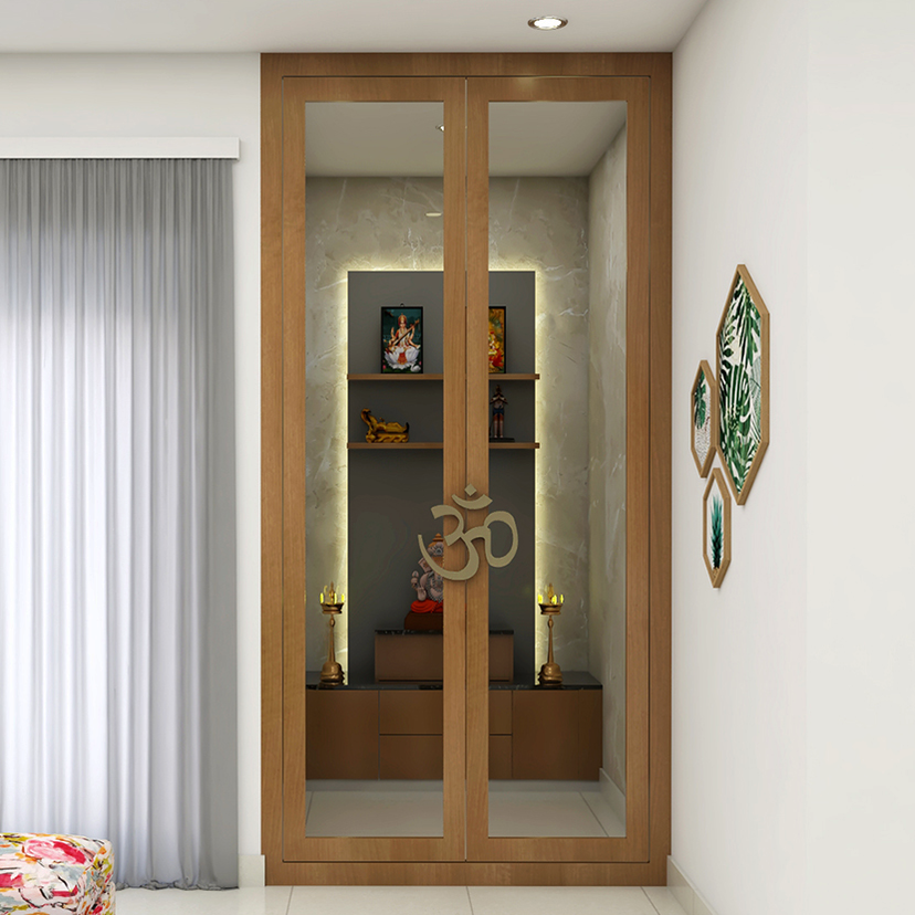 Modern Compact Pooja Room Design with Storage Drawers | Livspace