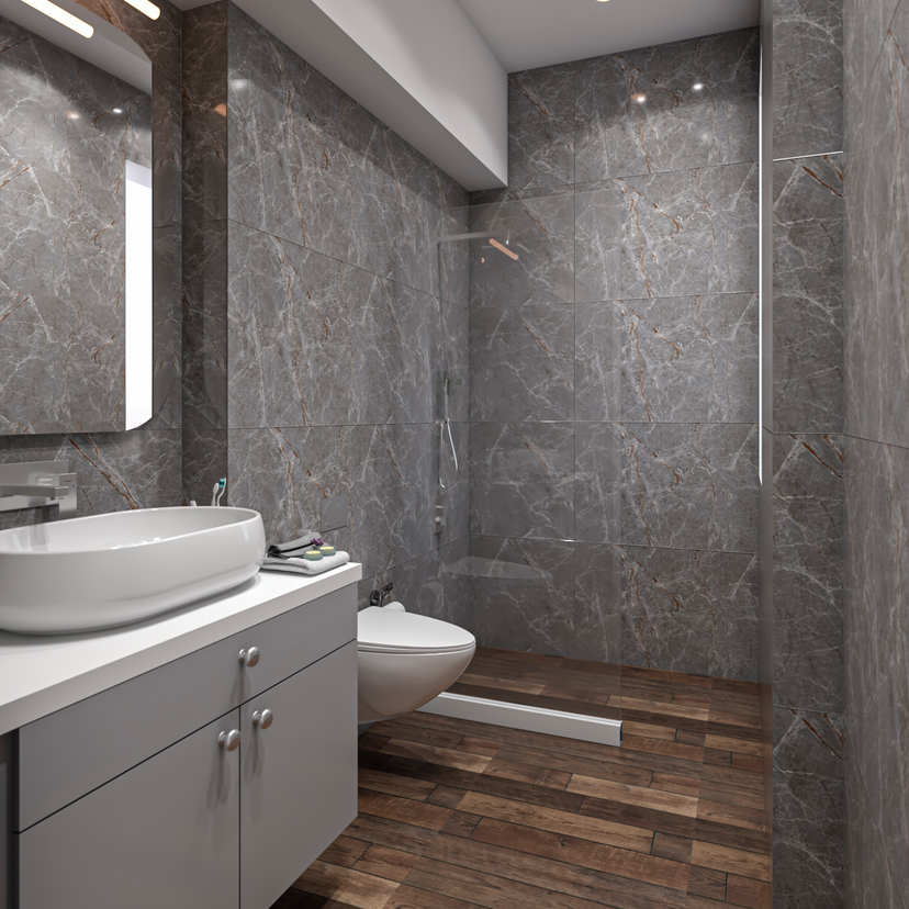 Modern Bathroom Designed With Warm Lighting And Glass Partition | Livspace