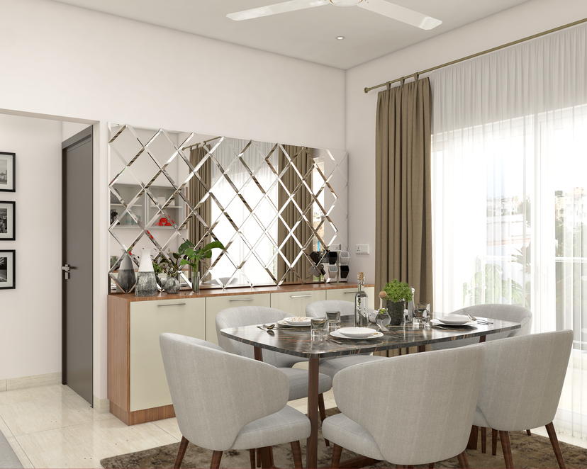 Compact Dining Room Design With A Bevelled Mirror | Livspace