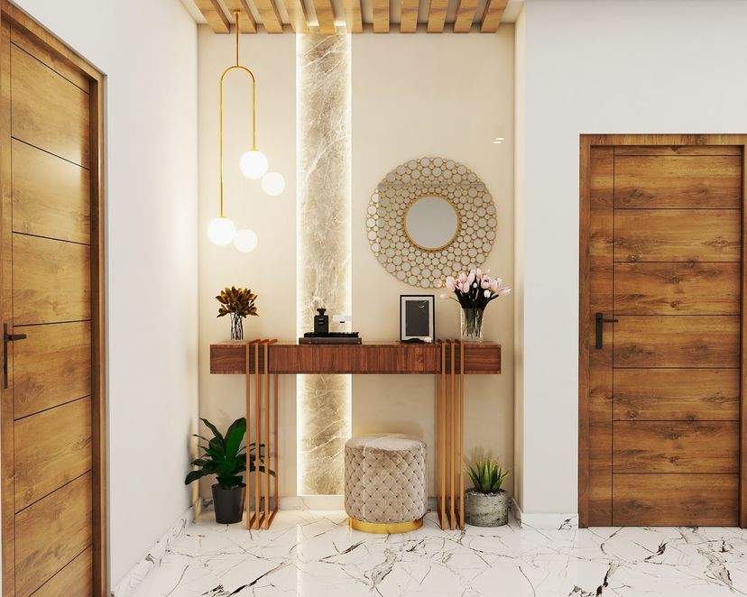 Classic Foyer Design With Stone Cladding And Wooden False Ceiling ...
