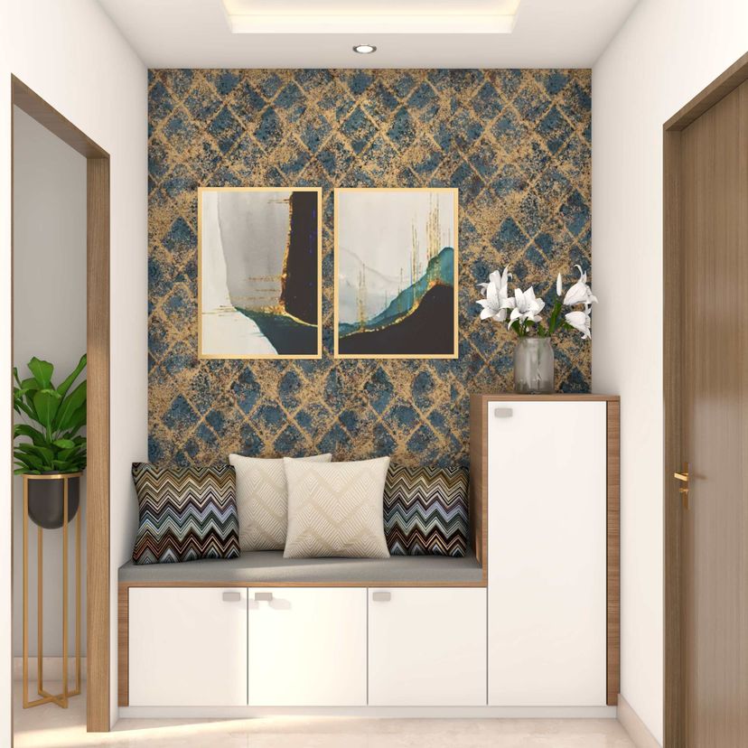 Contemporary Foyer Design With Blue And Gold Wallpaper | Livspace