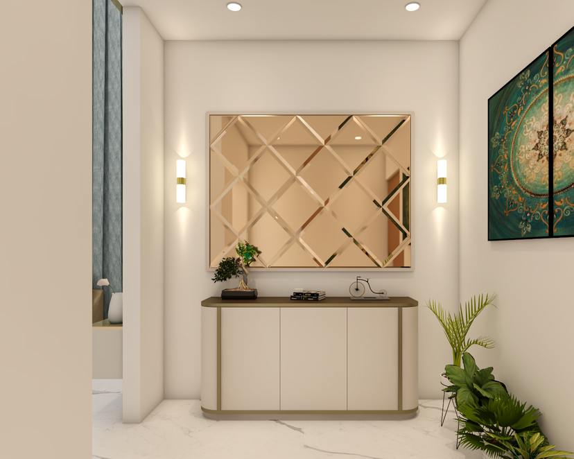 Modern Foyer Design With Mirrored Wall Panel | Livspace