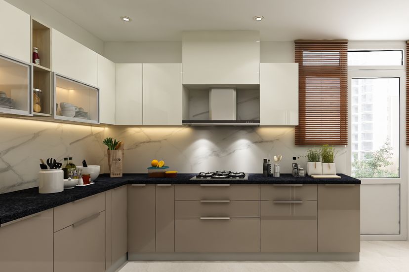 Modern Spacious Kitchen With Beige And White Interiors | Livspace