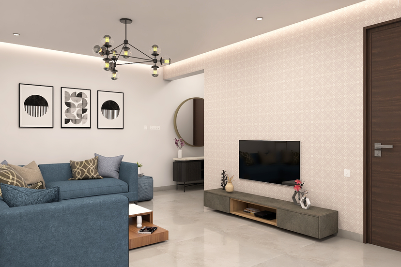 Spacious Living Room Design With Large Blue Upholstered Sofa And Marble ...