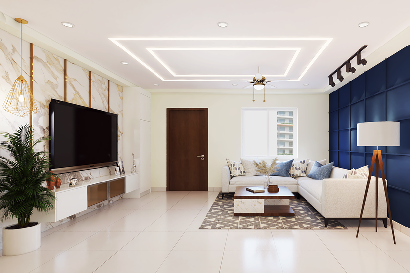 Contemporary Living Room Design With Blue Wall And TV Unit | Livspace