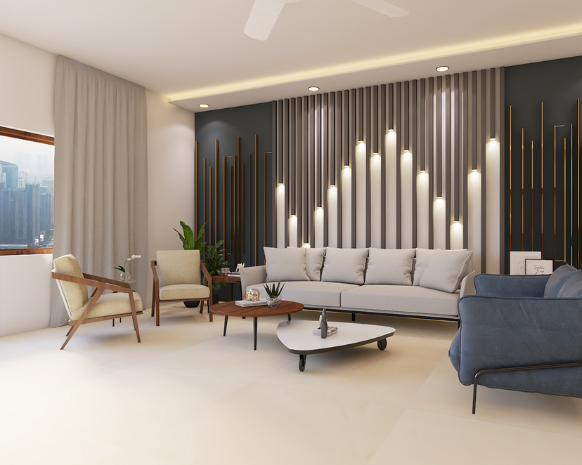Spacious Living Room Design With Blue Seater And White Accent Chairs ...