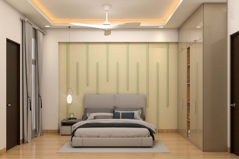 Master Bedroom Design With Pastel Colors & Glossy Wardrobe Design ...