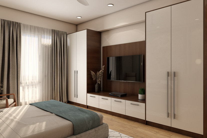 Spacious Modern Master Bedroom Design With TV Unit | Livspace