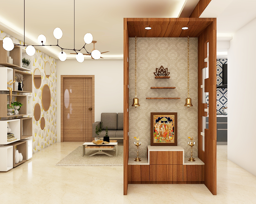 Contemporary Pooja Room Design With Wooden Frame And Platform | Livspace