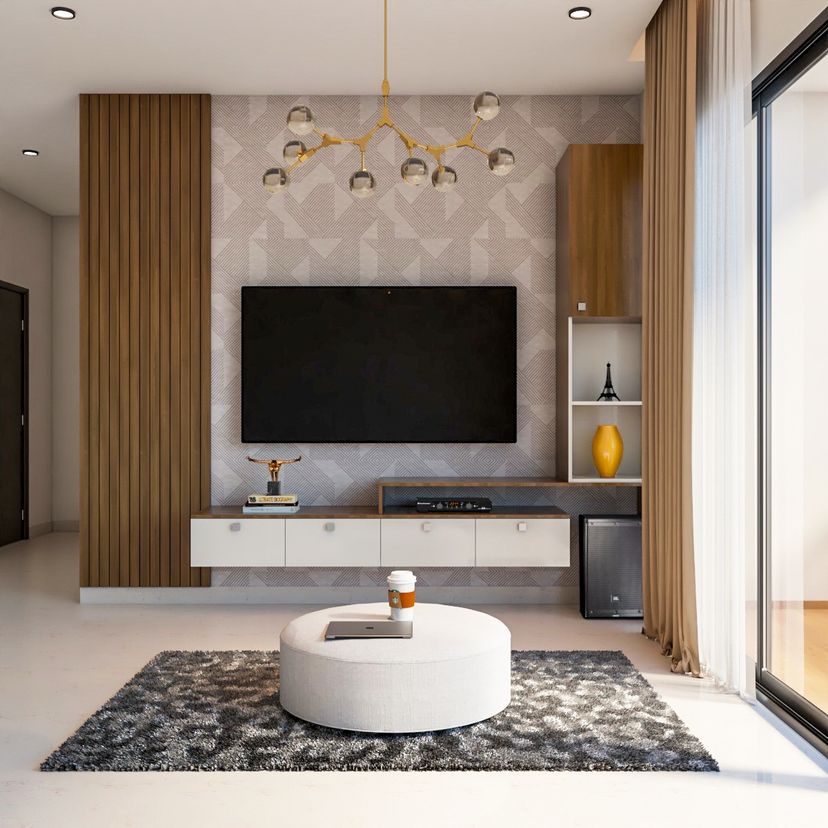 Spacious TV Unit Design With Hanging Chandelier And Wooden Panels ...