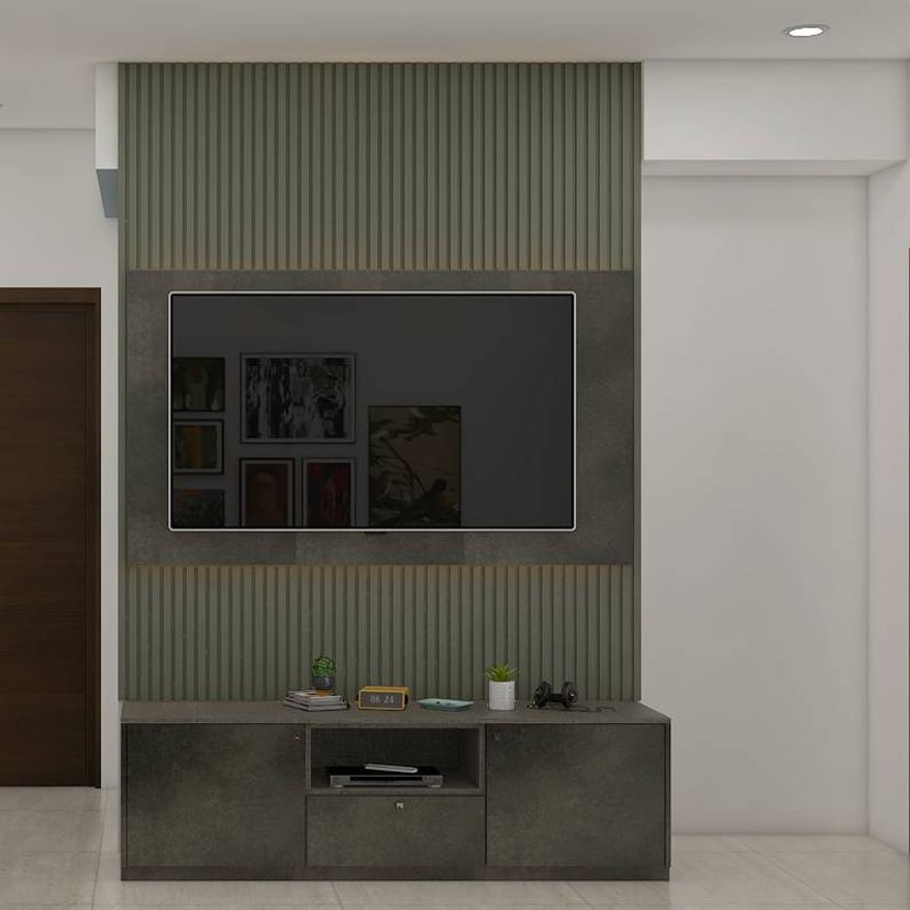 Compact TV Unit Design With Fluted Panel And Console | Livspace