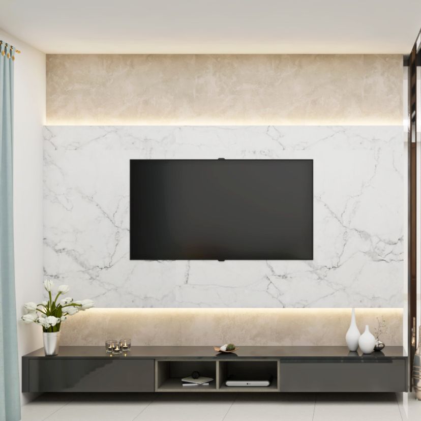 Contemporary TV Unit Design With White Marble Backsplash And Earthy ...