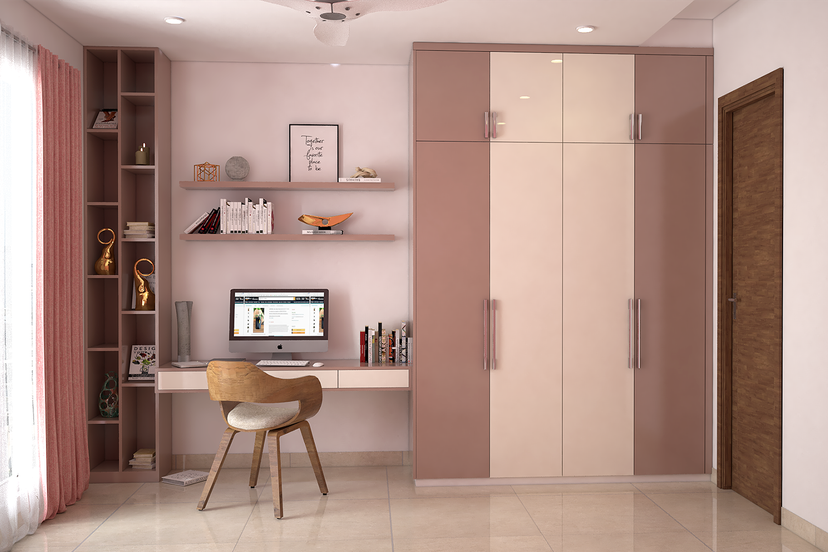 Spacious Modern Style Wardrobe Design With Study Table | Livspace