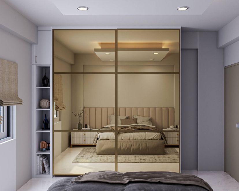 Modern Spacious Wardrobe Design With Mirror And Sliding Door | Livspace