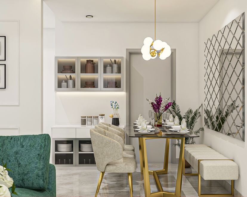 6-Seater Dining Room Design With Beige Bench And White Crockery Unit ...