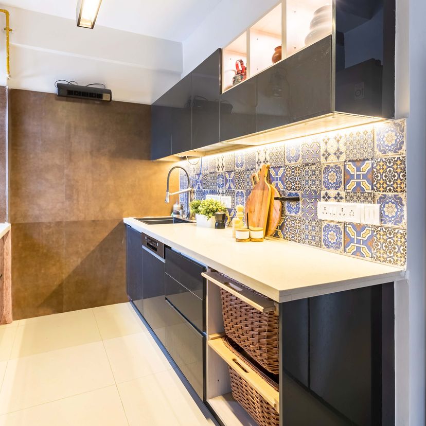 Modern Parallel Kitchen Design with Dark Grey Cabinets - 7x9 Ft | Livspace