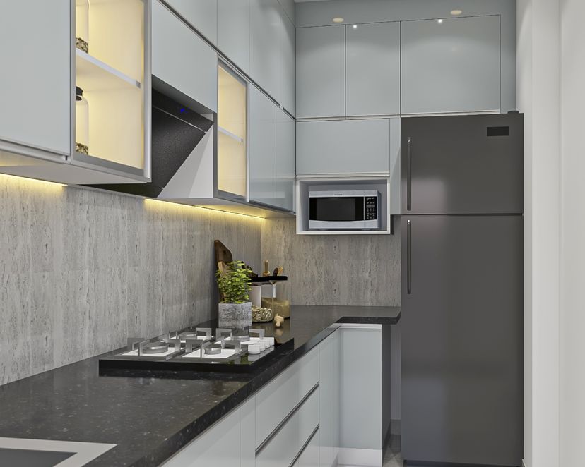 Grey L-Shape Modular Kitchen Design - 11x5 Ft | Livspace