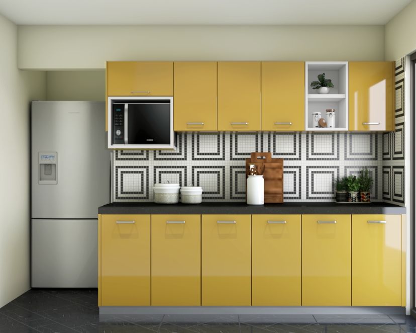Vibrant Marigold Yellow Contemporary Kitchen Design - 10x9 Ft | Livspace