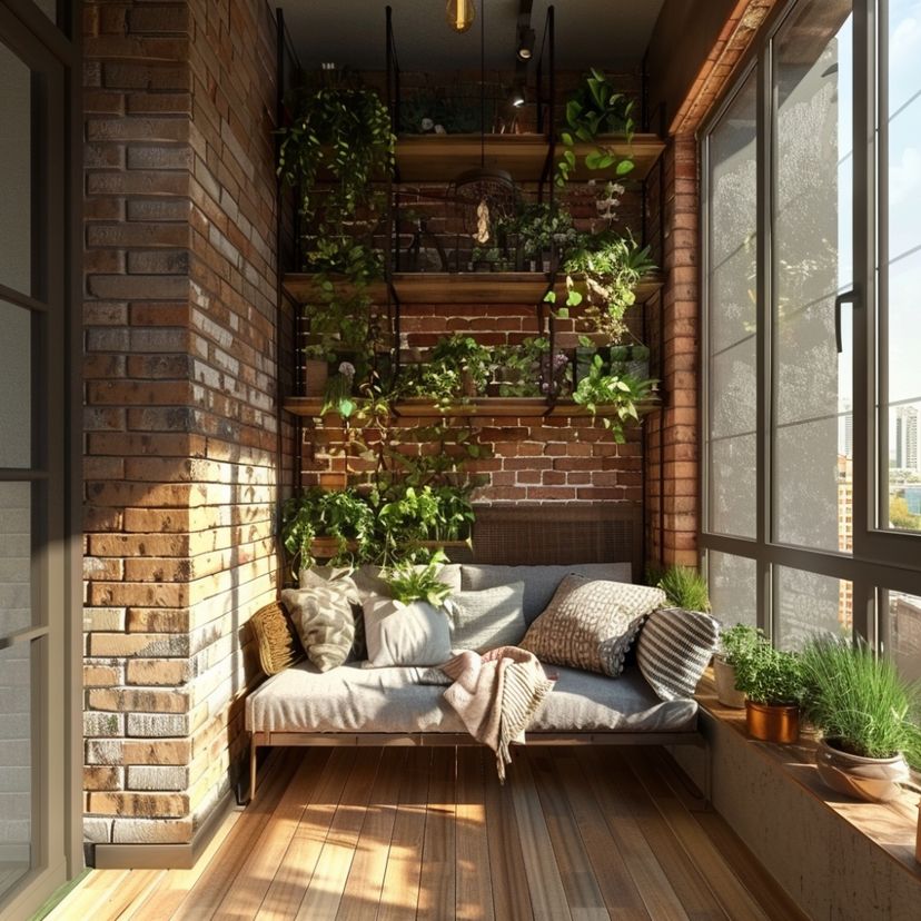 Relaxing Tropical Balcony Design: Brick Wall, Wooden Shelves, and Sofa ...