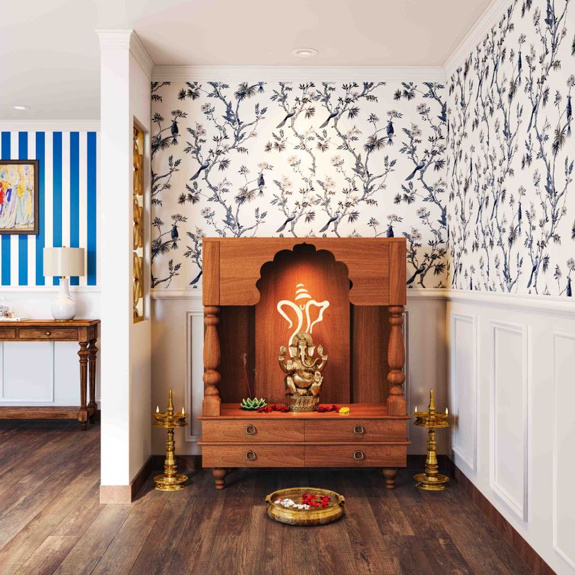 Mid-Century Modern Floor-Mounted Pooja Unit Design with Back Lighting ...