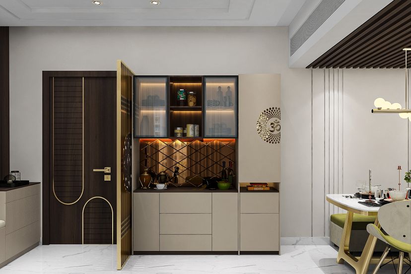 Cream and Walnut Indian Traditional Wood, Glass, and Metal Crockery ...