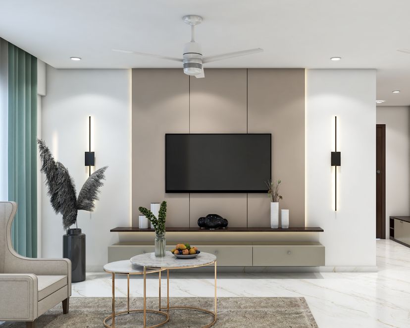 Wall-Mounted Modern TV Unit Design with Suede Finish, LED Strips, and ...