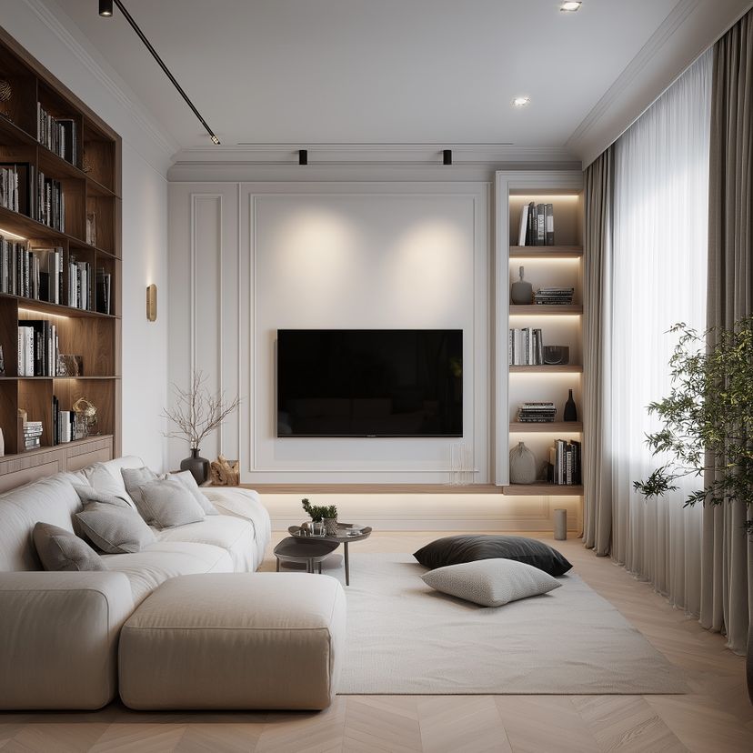 Space Saving Design with Floating TV Unit and Vertical Niches | Livspace