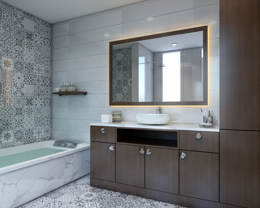 Modern Bathroom with Marble Jacuzzi and Patterned Tiles | Livspace