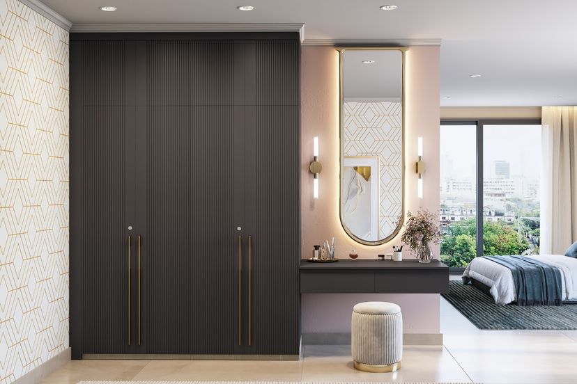 Grey 4-Door Swing Shutter Wardrobe Design With Gold Handles And Loft ...