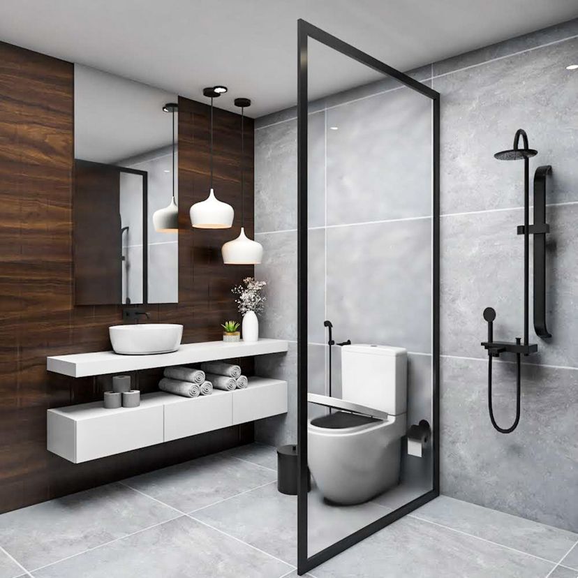 Grey And Wood Bathoom Design With White Bathroom Countertop And Glass Partition | Livspace