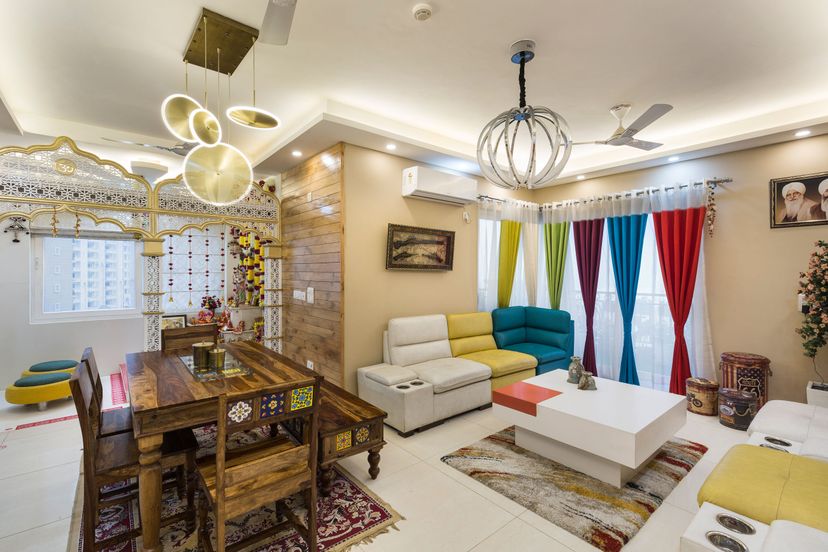 3-BHK Flat Design In Noida With Master Bedroom Wooden Stacked Accent ...