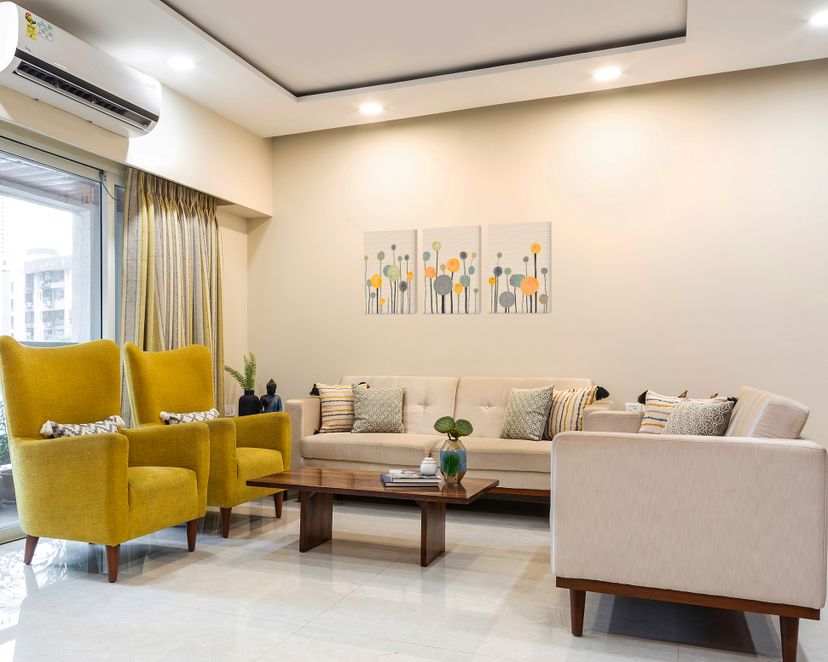 Spacious Beige And Yellow Living Room Deign With Wooden Coffee Table ...