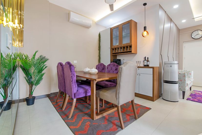 Compact 6-Seater Wooden Dining Room Design With Bevelled Mirror Accent ...