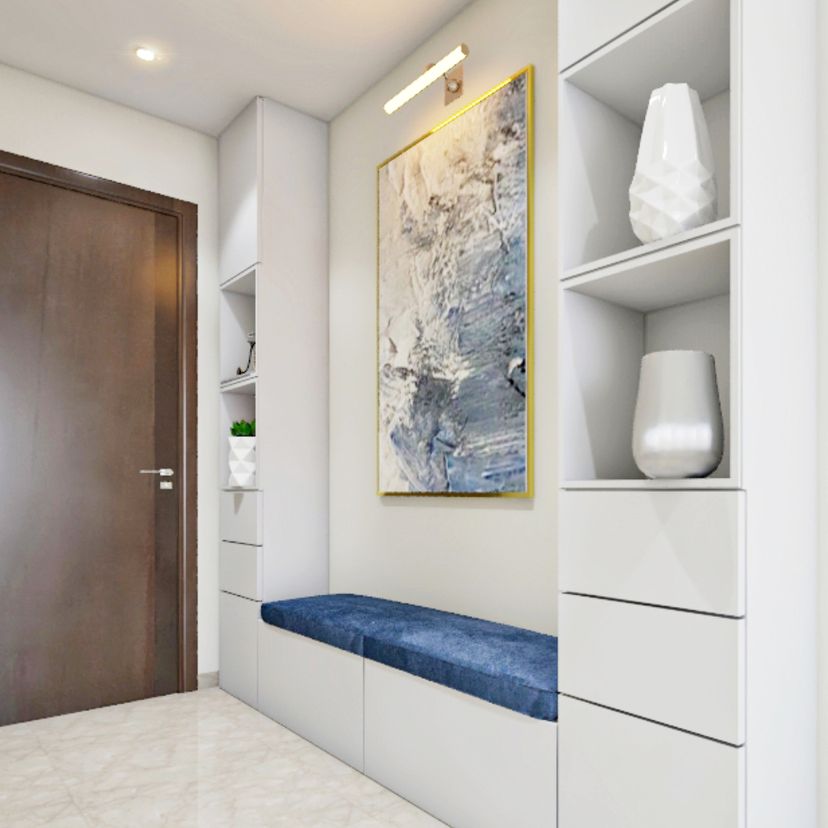 Spacious White And Blue Foyer Design With Abstract Wall Art | Livspace