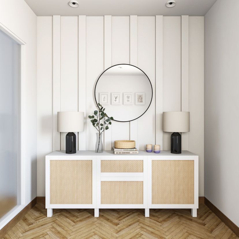 Compact White And Rattan Foyer Design With Console Table And 3D White ...