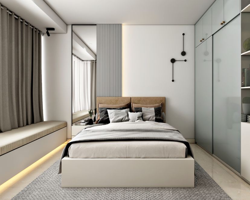 Spacious Guest Room Design With 2-Door Sliding Wardrobe In Grey | Livspace