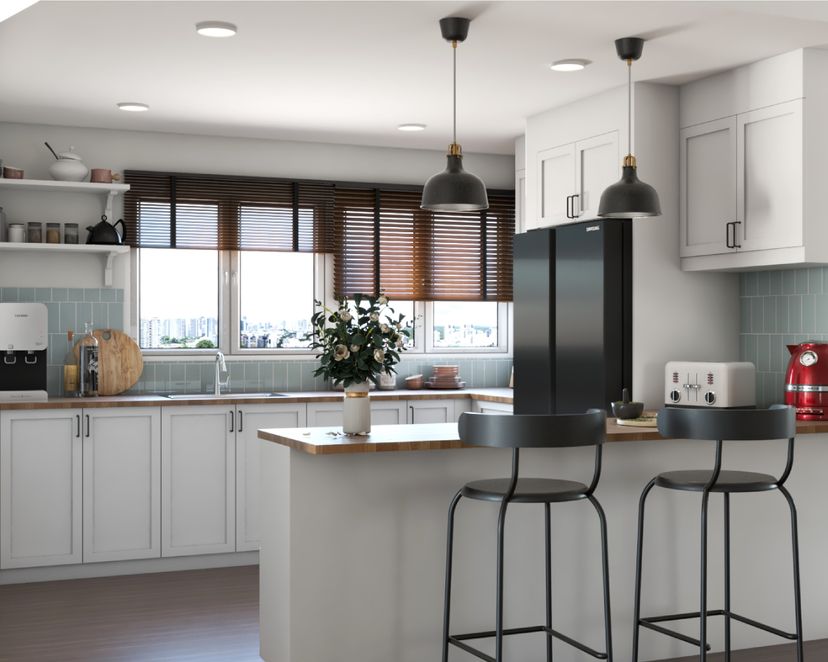 Modular White Open Kitchen Design With Wooden Countertop And Flooring ...