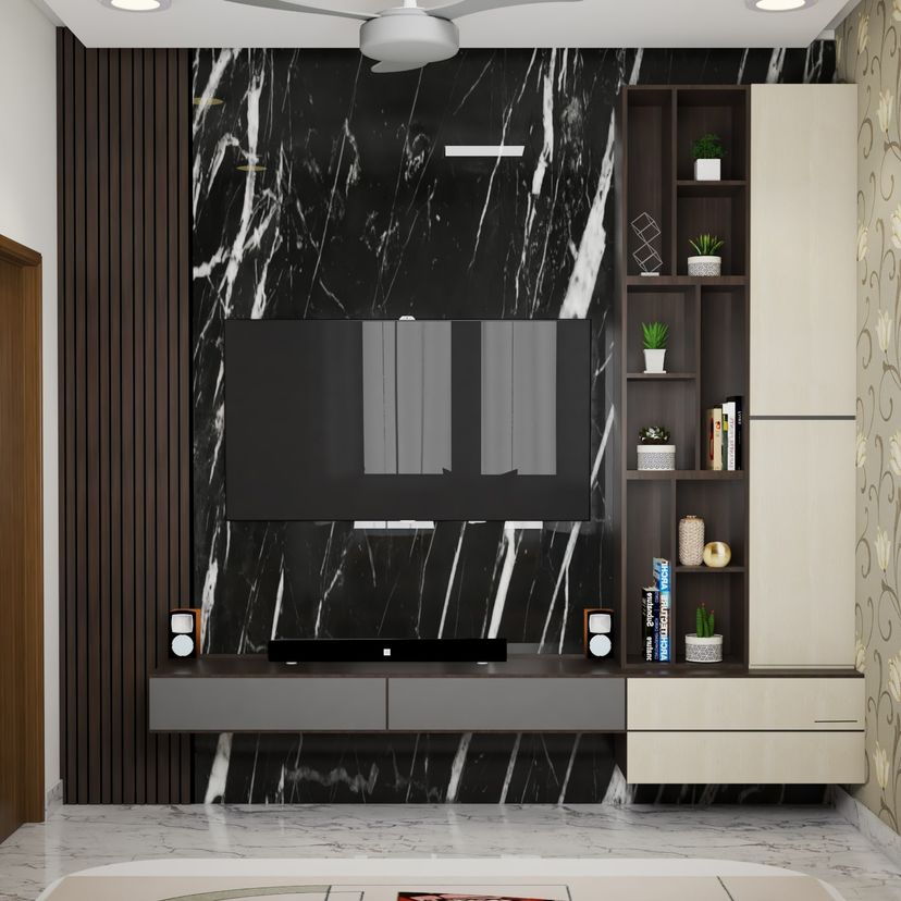 Compact TV Unit Design With Tall Storage And Fluted Panels | Livspace