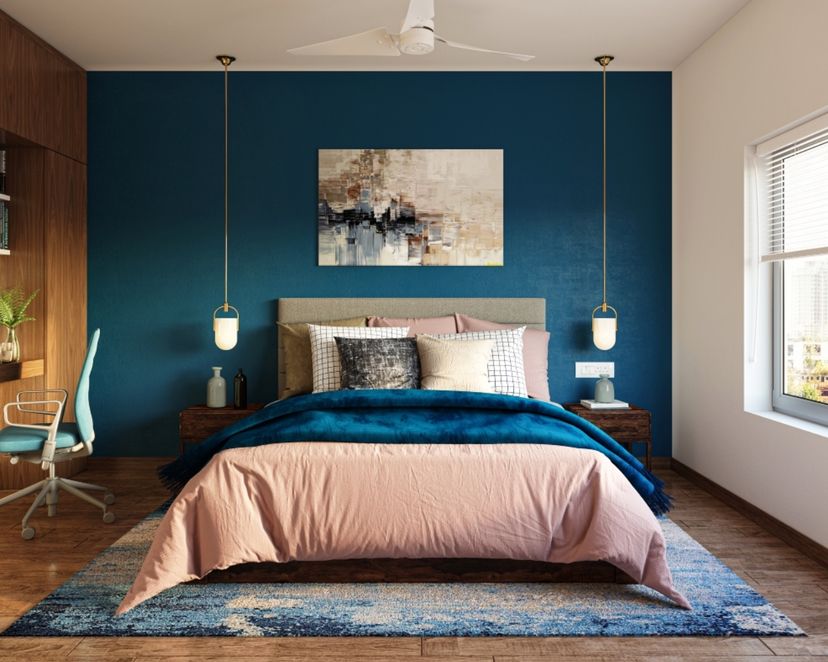 Indigo Blue Bedroom Wallpaint Design | Livspace