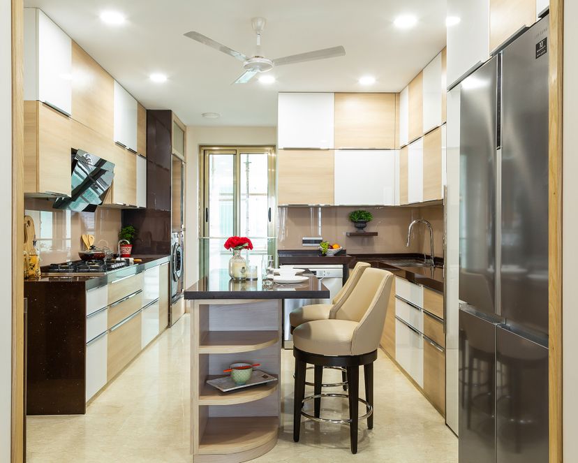 Modular Island Kitchen Design In Wood And White - 11x15 Ft | Livspace