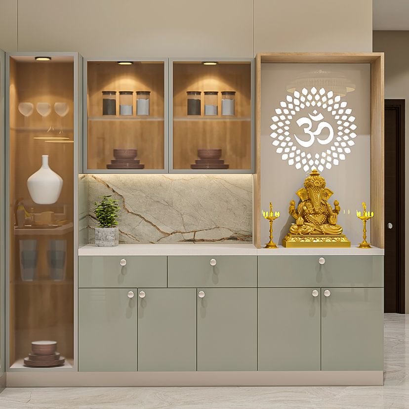 Mandir Design With Grey Cabinets And Glass Storage | Livspace