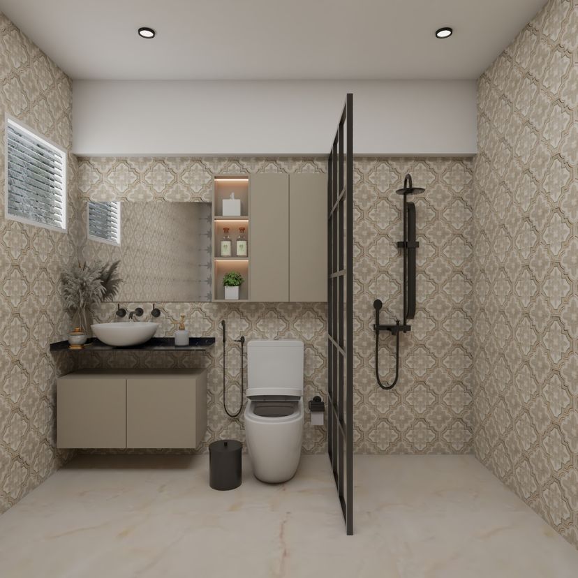 Beige Bathroom Design With Black-Framed Glass Partition | Livspace